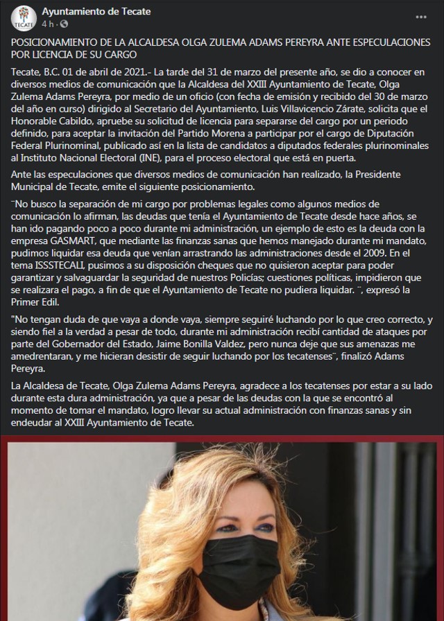Confirma Zulema Adams solicitud para separación de cargo es para ir ...